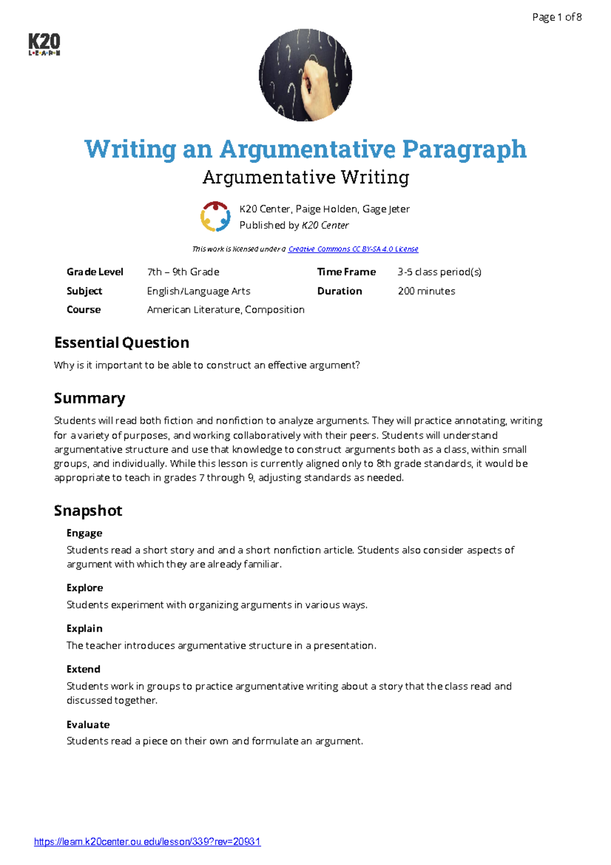 Argumentative Writing Lesson Plan for 7th-9th Grade ELA - Studocu