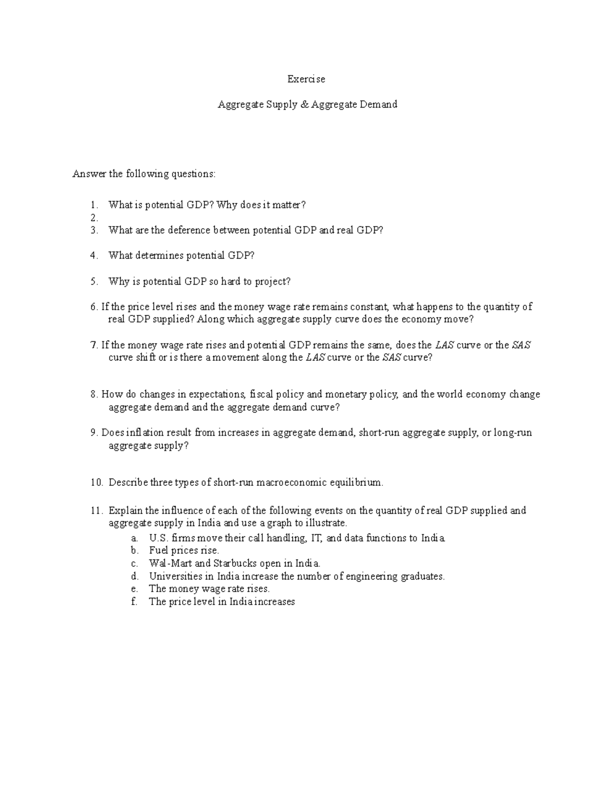 AD-AS Exercise: Aggregate Demand & Supply Worksheet Analysis - Studocu
