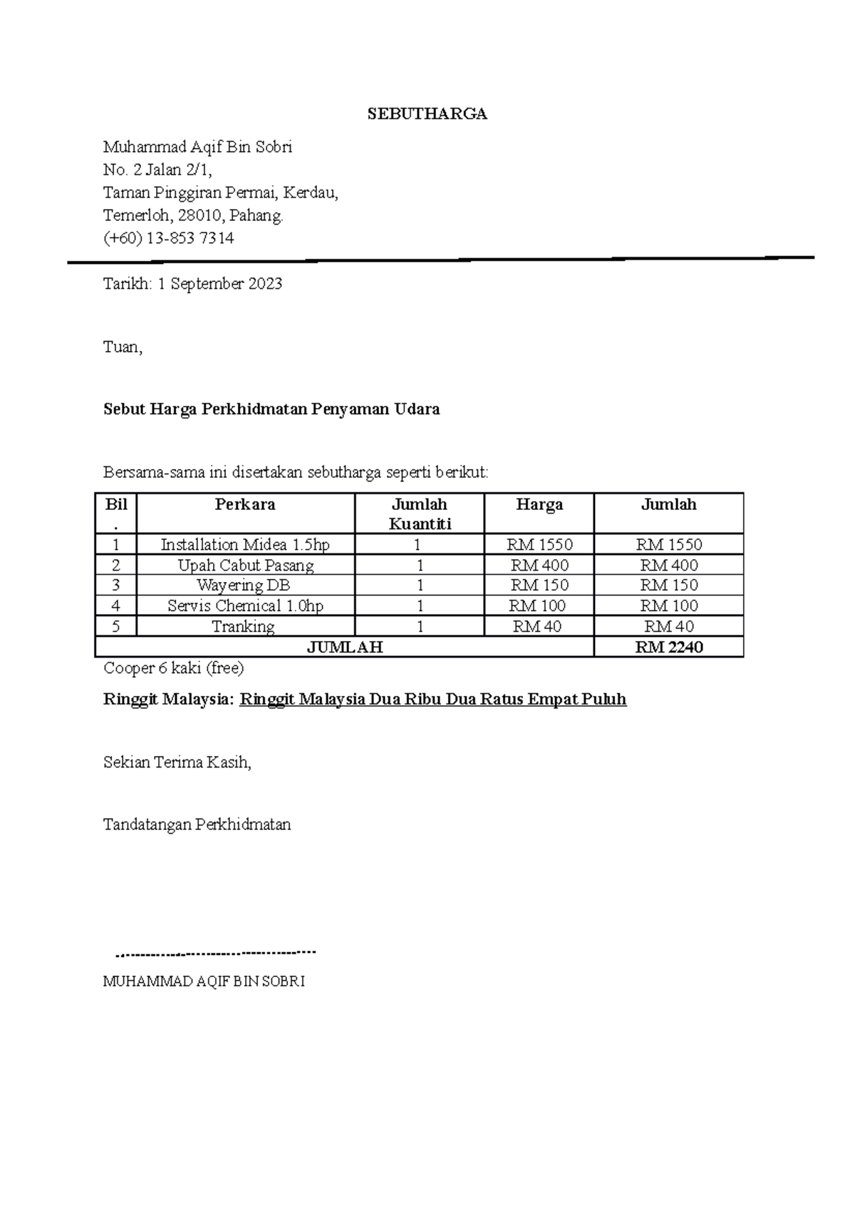 Sebutharga - template - SEBUTHARGA Muhammad Aqif Bin Sobri No. 2 Jalan ...