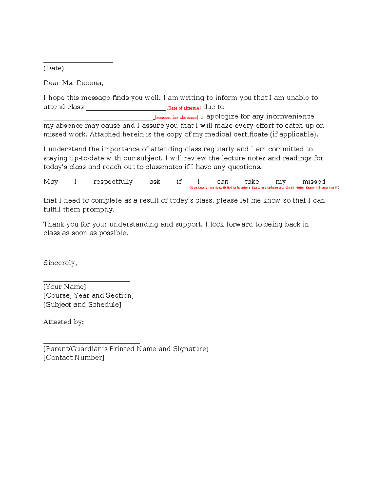 Excuse Letter Format for Class Absence - Studocu