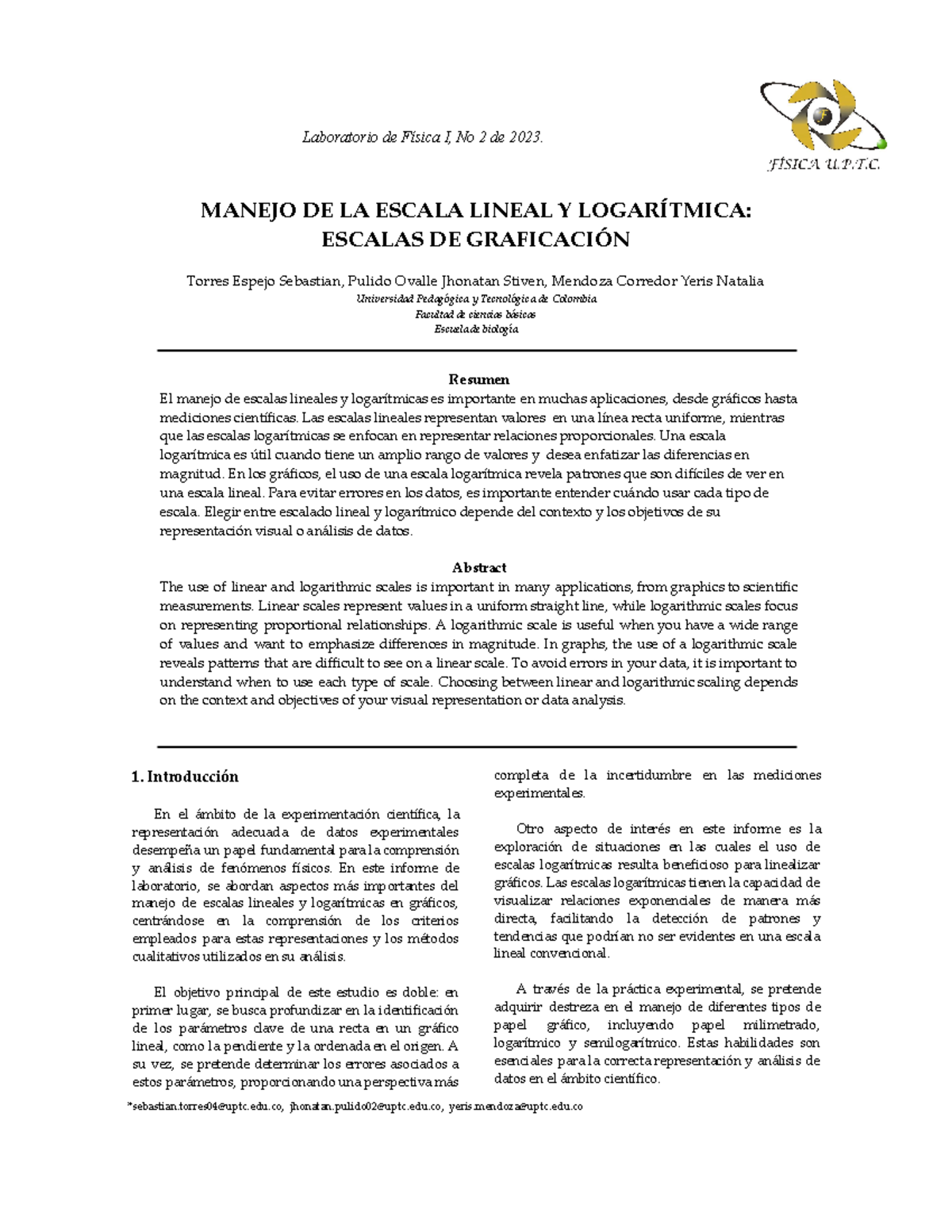 Informe 2 - Manejo de Escalas Lineales y Logarítmicas en Física I - Studocu