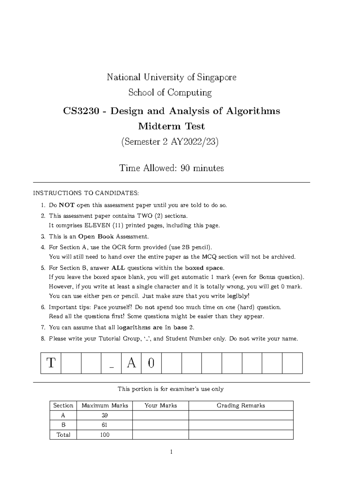 CS3230 Design and Analysis of Algorithms Midterm Exam (S2 2022/23) - Studocu