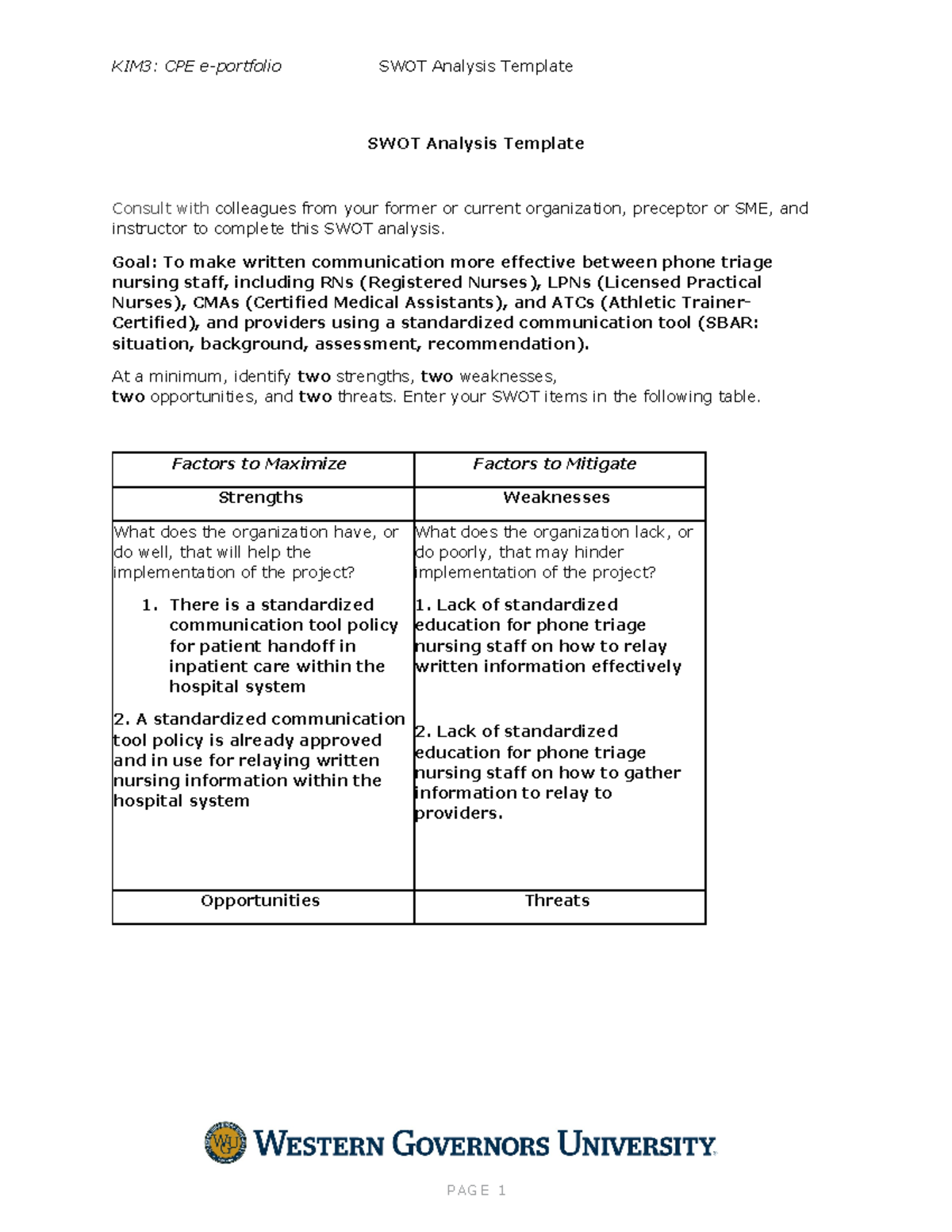 SWOT Analysis Template - KIM3: CPE e-portfolio SWOT Analysis Template ...