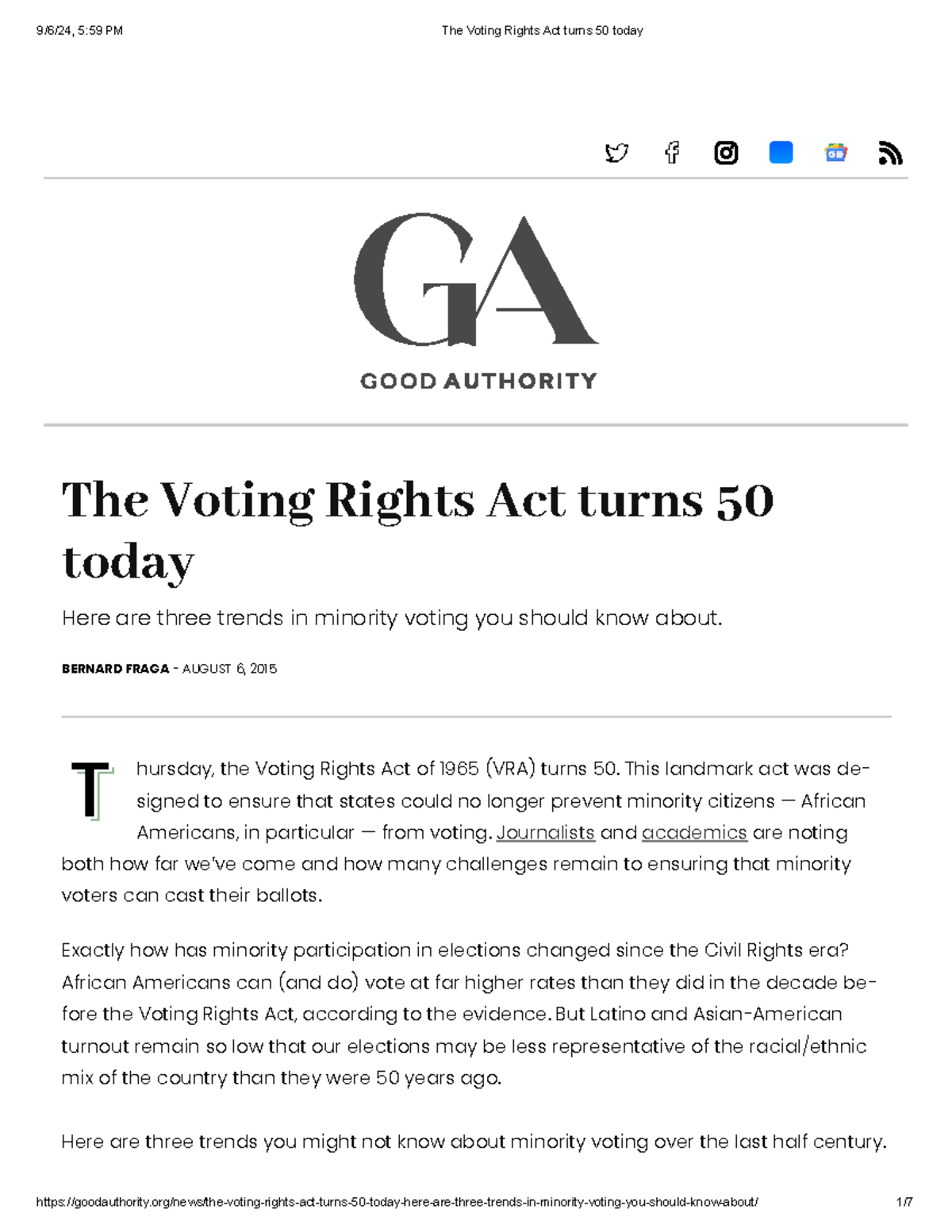 Voting Rights Act 50th Anniversary: Trends in Minority Voting - Studocu