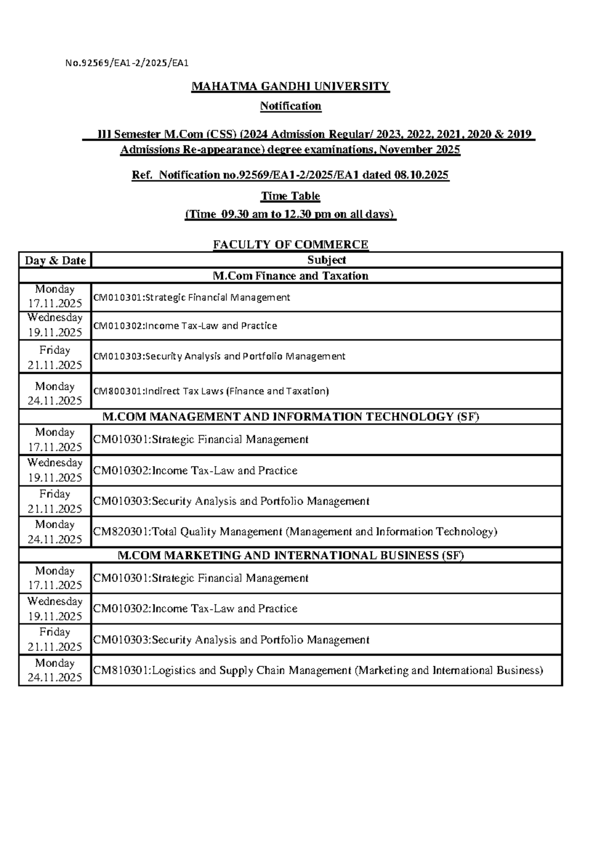 MAHATMA GANDHI UNIVERSITY M.Com (CSS) III Sem Exam Timetable 2025 - Studocu