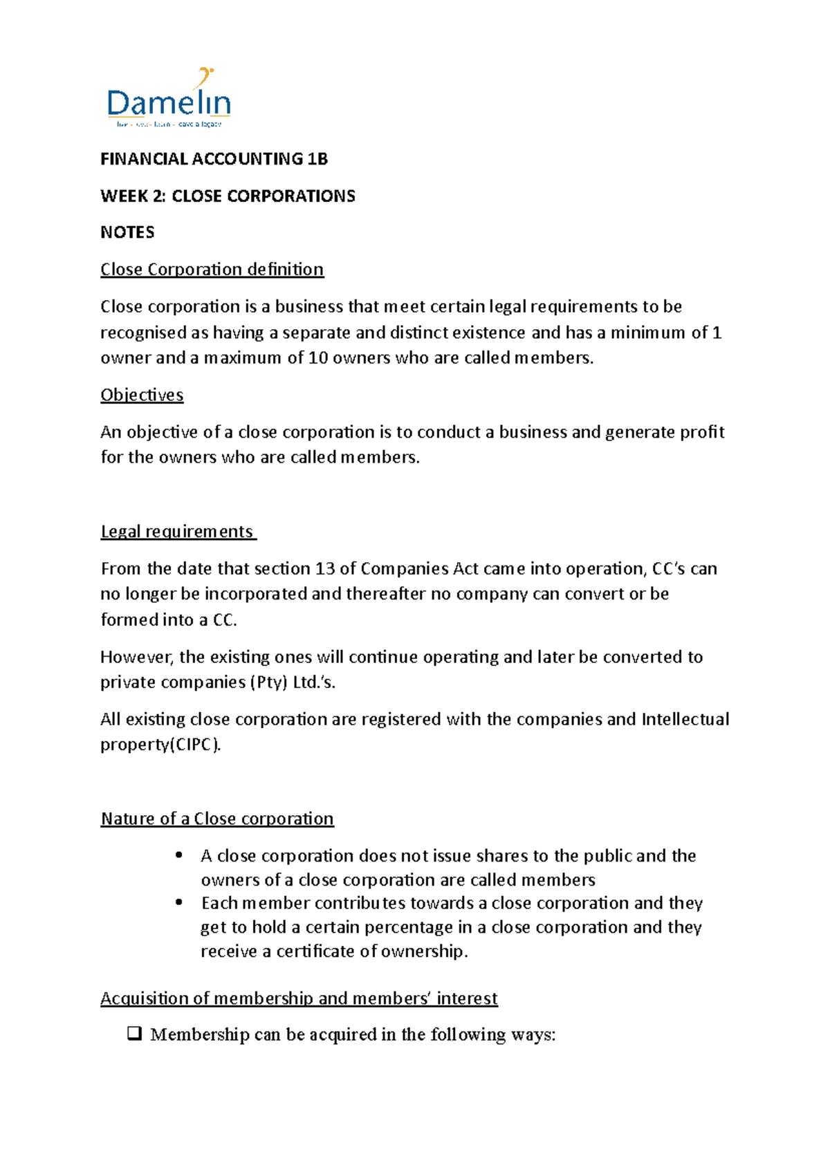 Unit 2 - Study Notes: Understanding Close Corporations in ACC 1B - Studocu