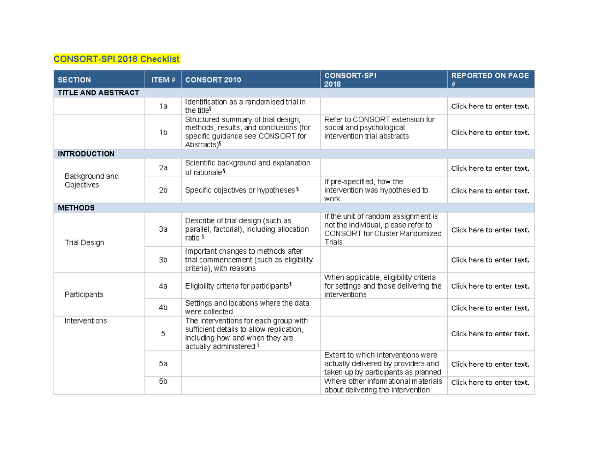CONSORT SPI 2018 Checklist: Guidelines for Reporting Trials - Studocu