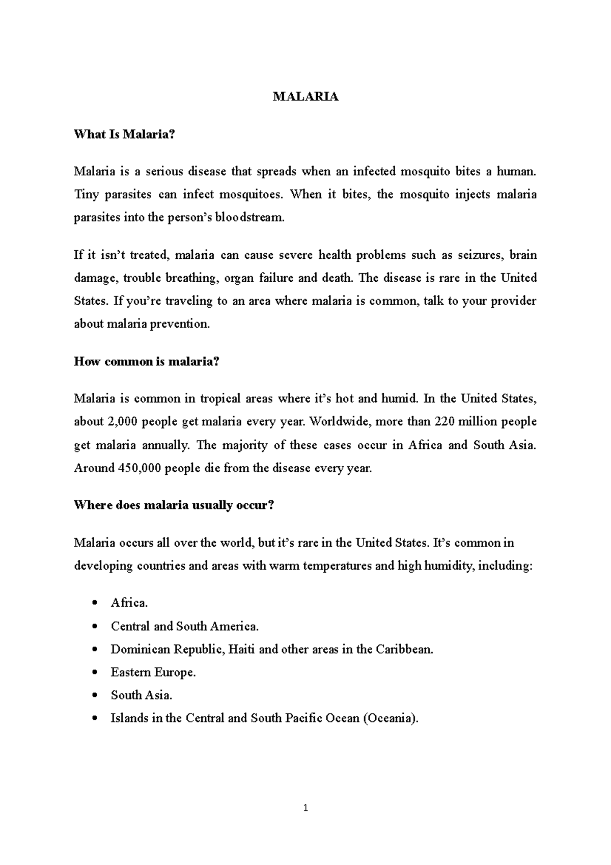 MAL-301: Comprehensive Overview of Malaria - Causes, Symptoms, and ...