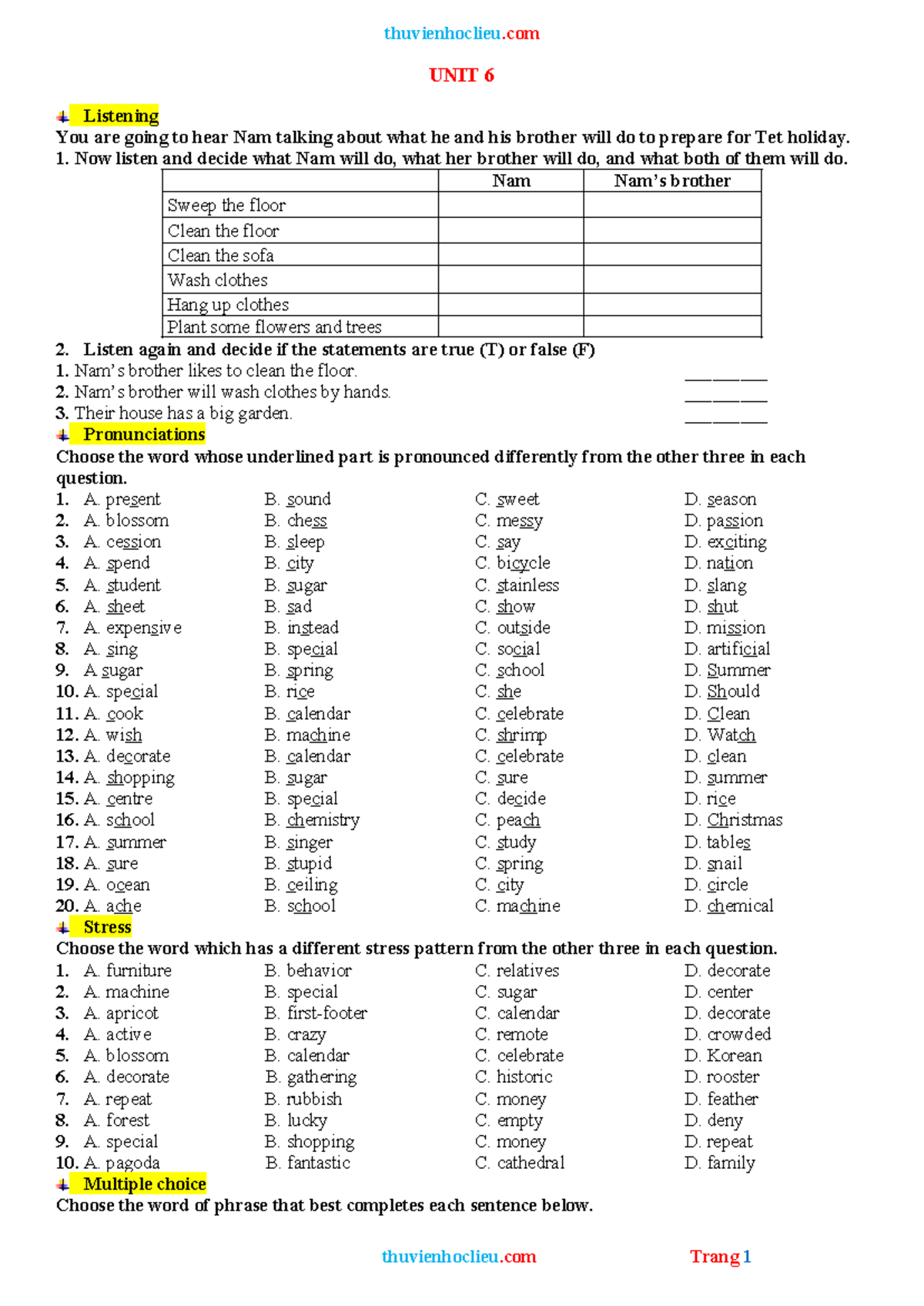 U6 Listening Practice: Preparing for Tet Holiday - Studocu