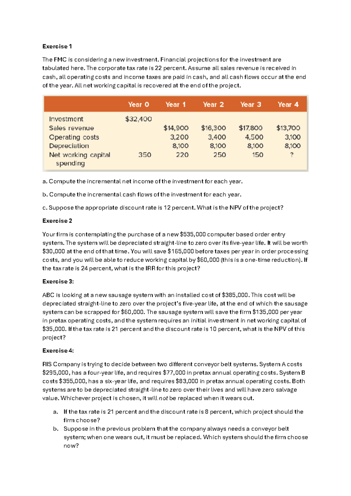 Exercise - Chapter 4: Investment Analysis & NPV Calculations - Studocu