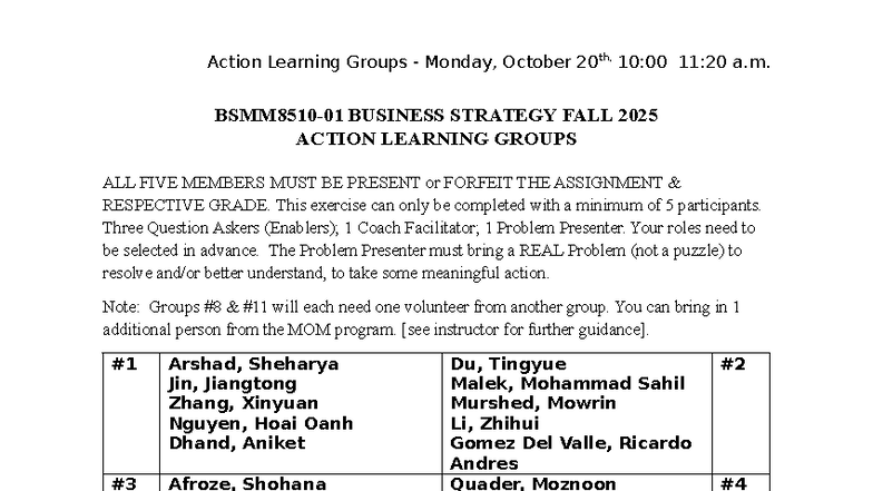 BSMM8510 F-25 Action Learning Groups Guidelines and Roles - Studocu