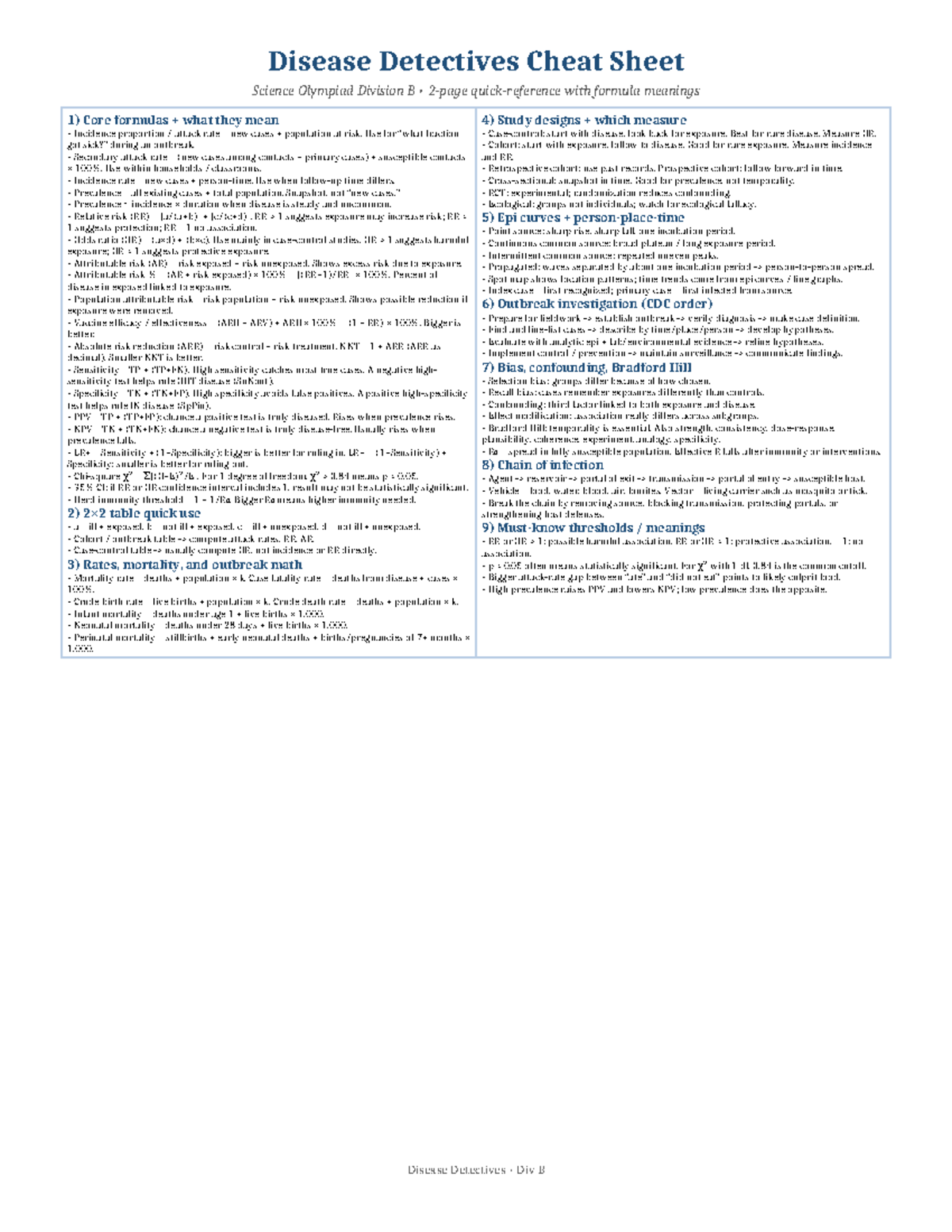 Disease Detectives Cheat Sheet: Formula Meanings for Science Olympiad ...