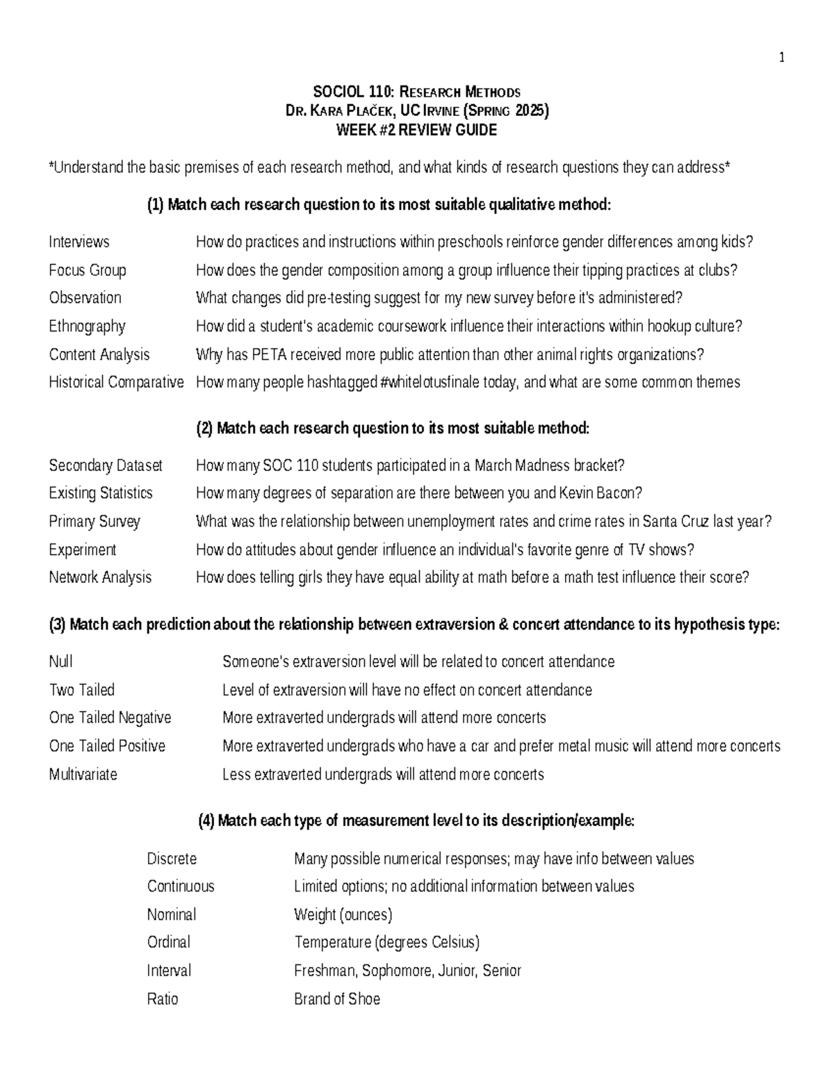 SOC 110 Research Methods WEEK #2 Review Guide Placek UCI Spring 2025 ...