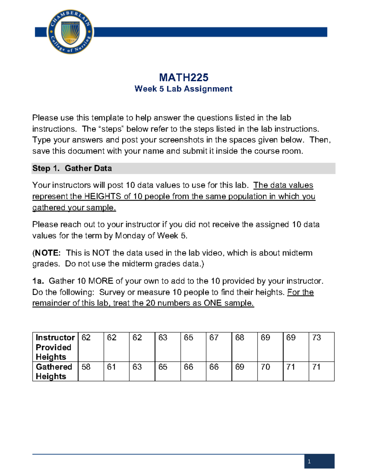 Week 5 Lab Assignment for MATH 225: Height Data Analysis and Summary - Studocu