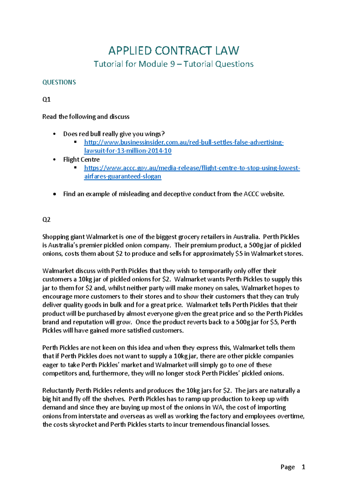 APPLIED CONTRACT LAW: Module 9 Tutorial Questions & Analysis - Studocu