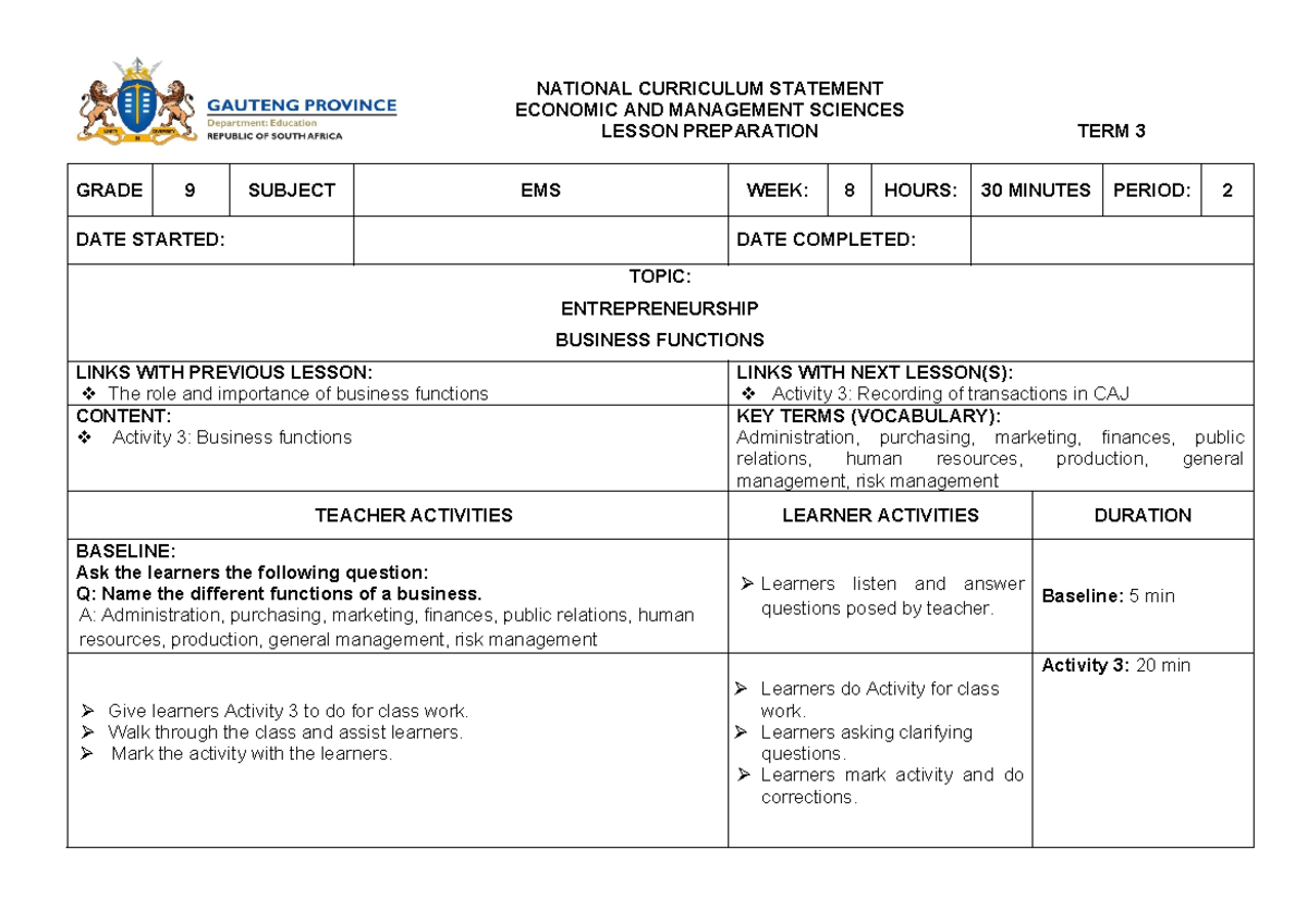 NATIONAL CURRICULUM EMS GRADE 9 LESSON PLAN: ENTREPRENEURSHIP - Studocu
