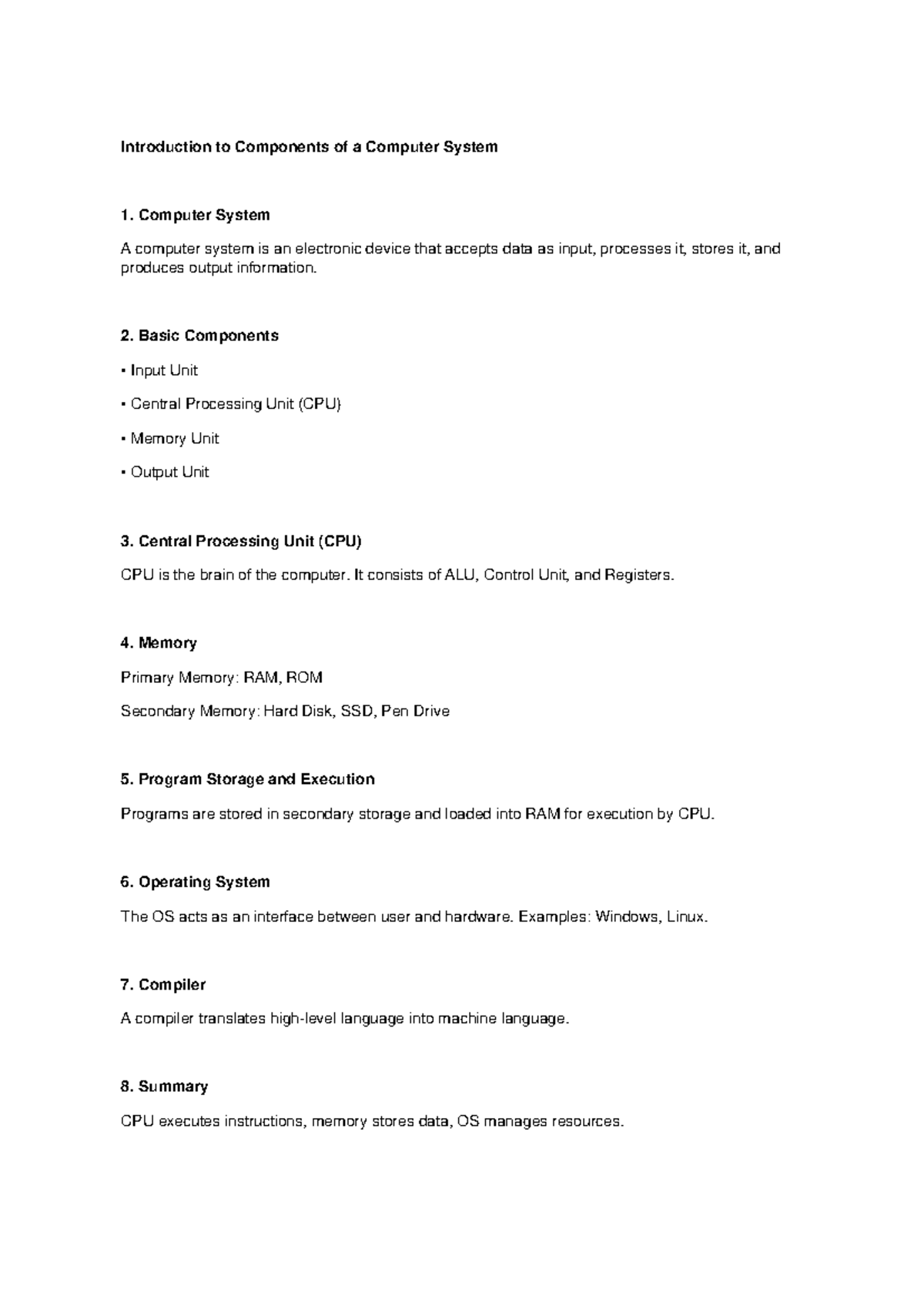 Introduction to Computer System Components - CS101 Lecture Notes - Studocu