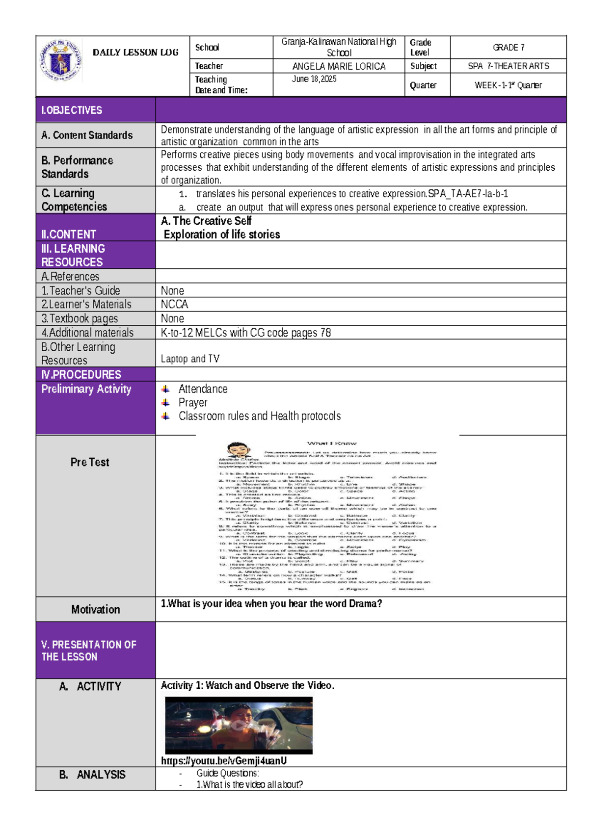 SPA ARTS 7 Q1 - Daily Lesson Log for June 18, 2025 - Studocu