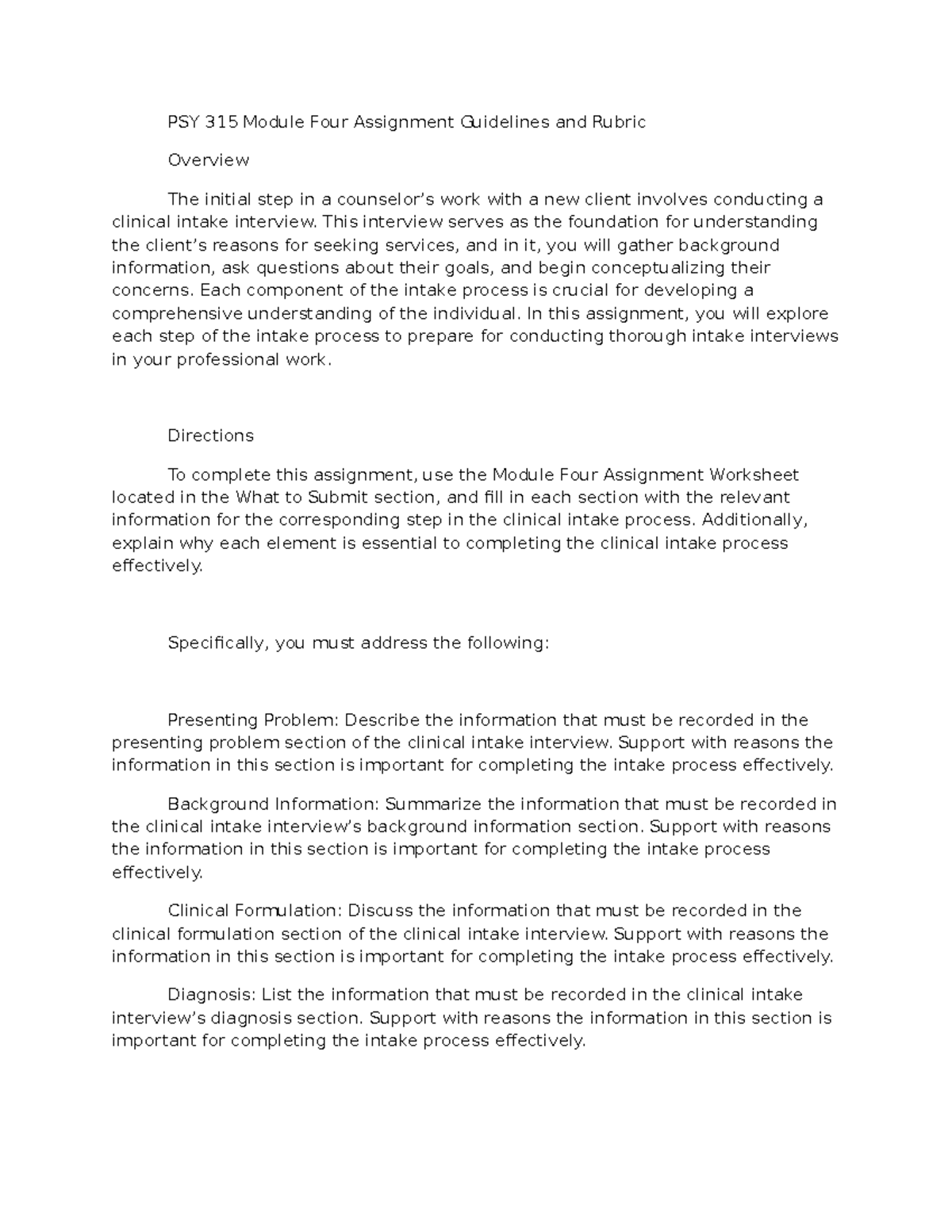 PSY 315 Module Four Assignment Guidelines & Rubric for Clinical Intake ...