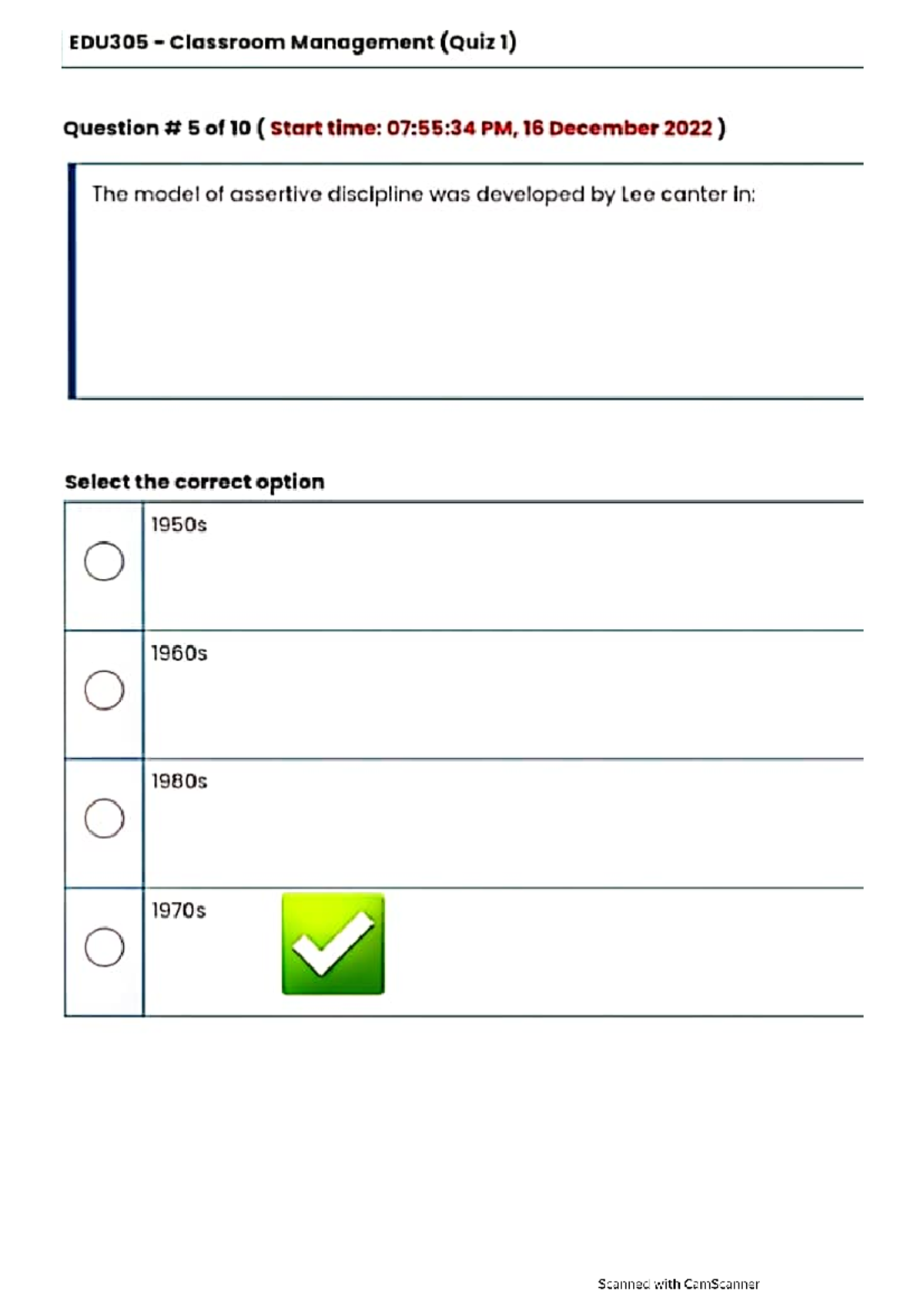 EDU305 Classroom Management (Quiz 1) Questions and Answers - Studocu