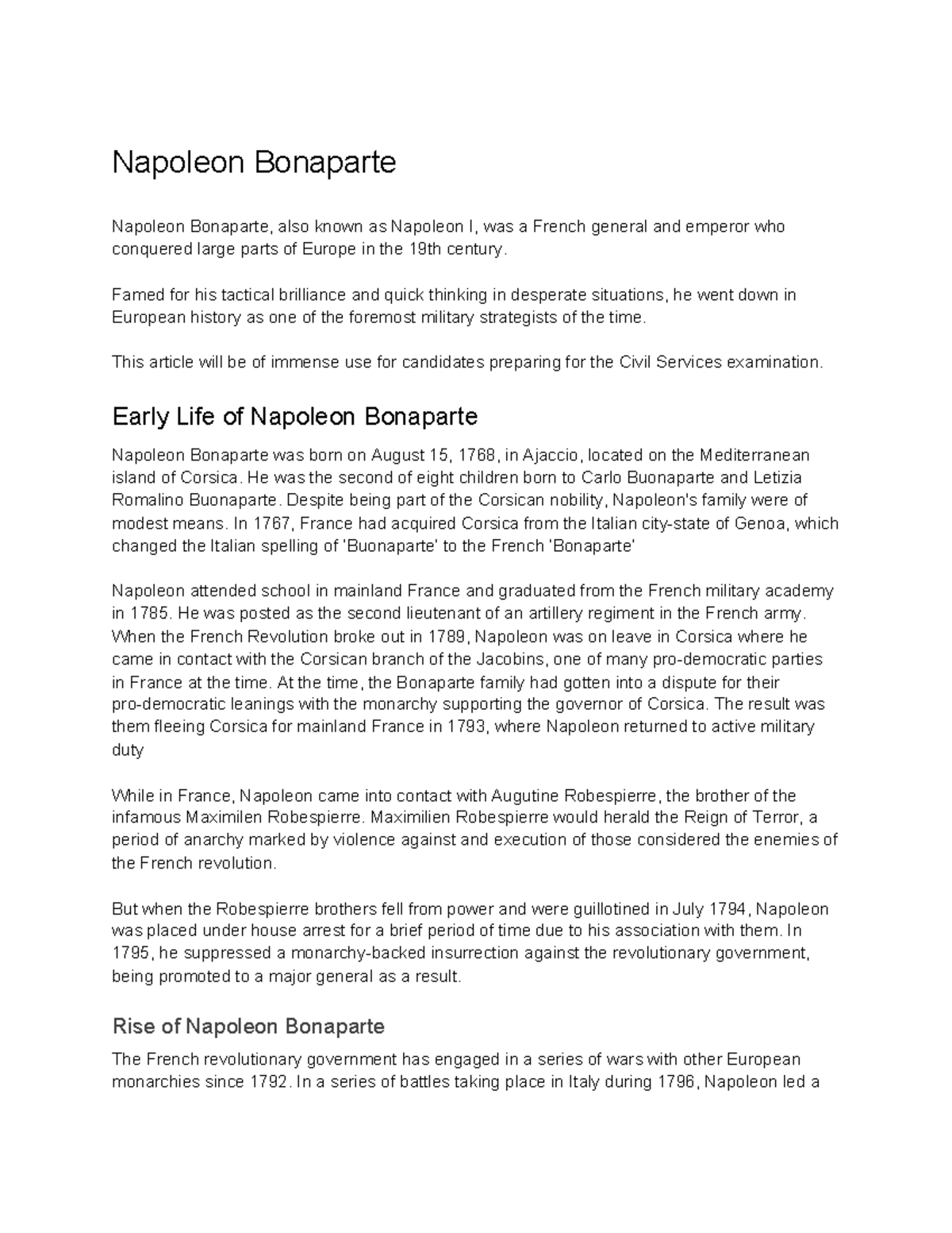 Napoleon Bonaparte: Key Notes for Civil Services Exam Preparation - Studocu