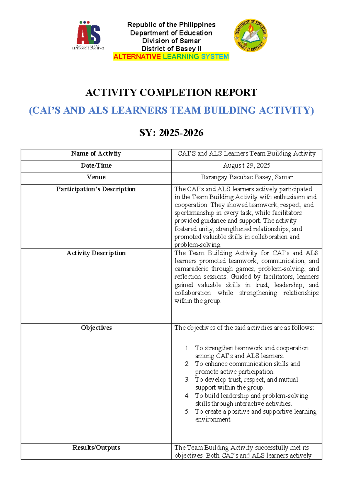 ALS Team Building Activity Completion Report (ACR) - Aug 29, 2025 - Studocu