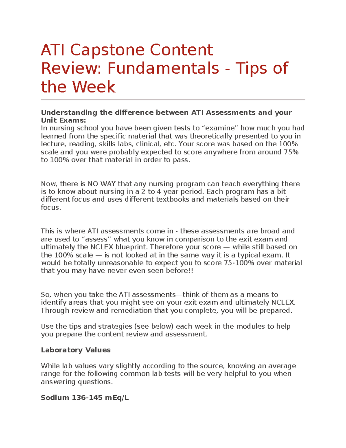 ATI Capstone Content Review: Weekly Tips for Nursing Success - Studocu