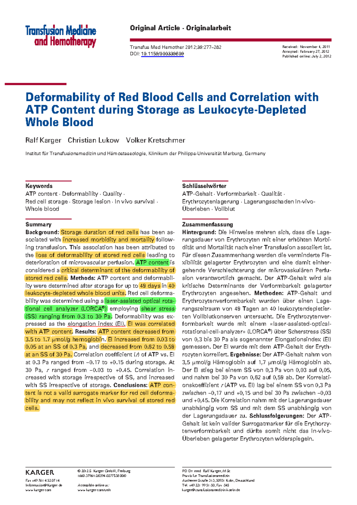Deformability of Red Blood Cells and ATP Correlation in Storage - Studocu