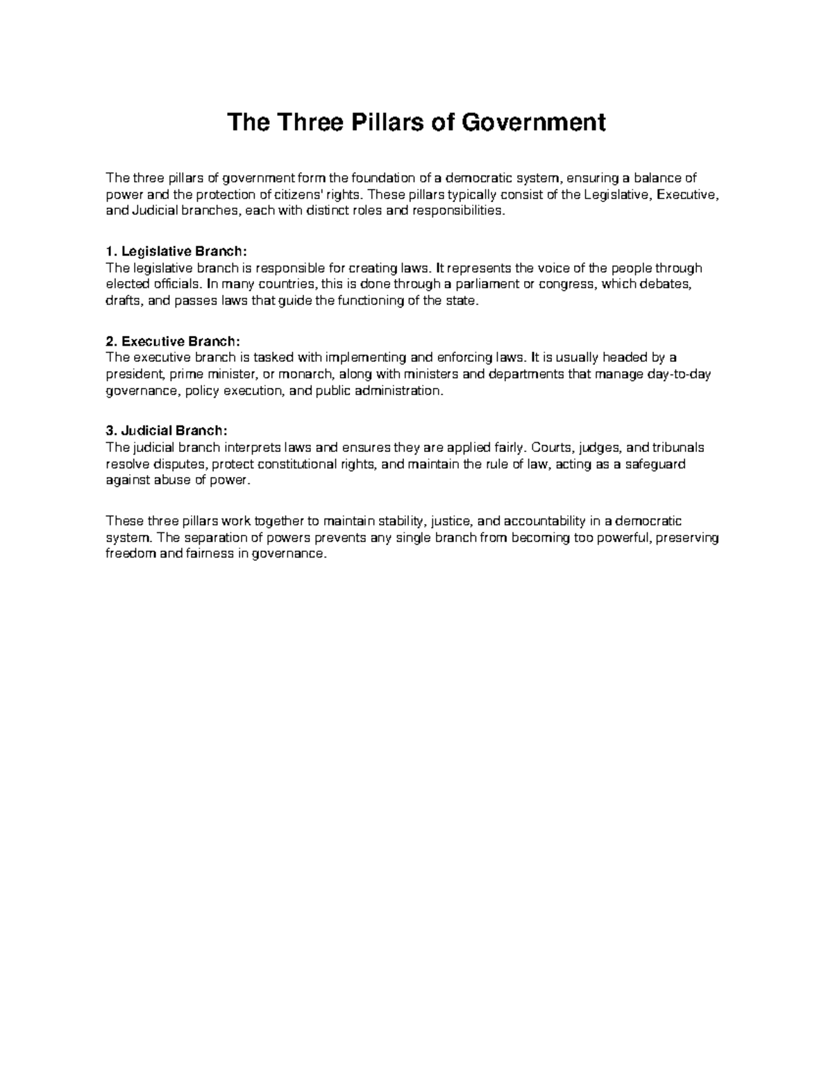 Three Pillars of Government: Structure and Function - Studocu
