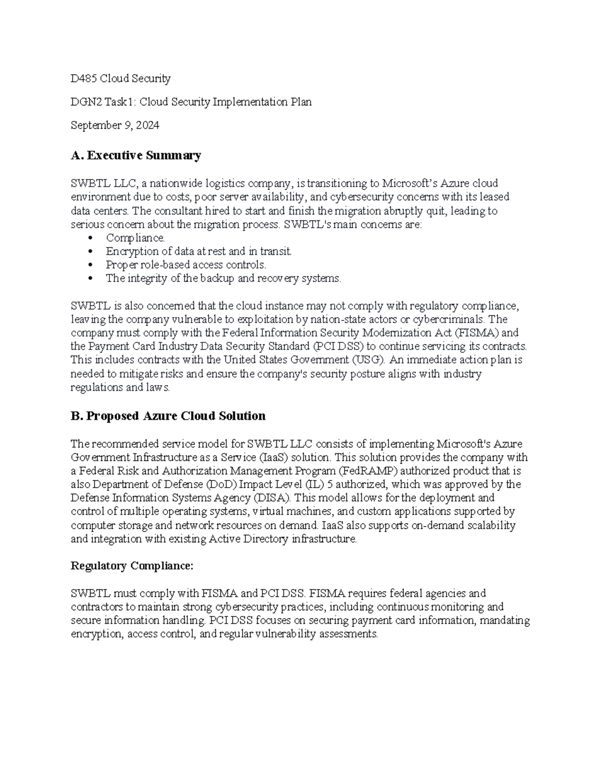 D485 Cloud Security - Task 1 Implementation Plan Report - Studocu