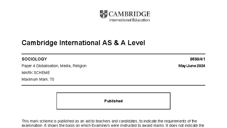 Cambridge International AS A Level SOCIOLOGY 9699/41 Mark Scheme 2024 ...