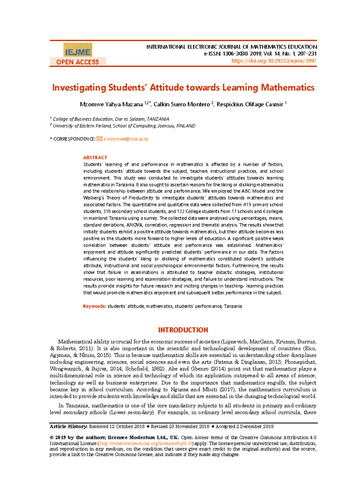ATTITUDES TOWARDS MATHEMATICS PERFORMANCE OF JUNIOR HIGH SCHOOL ...