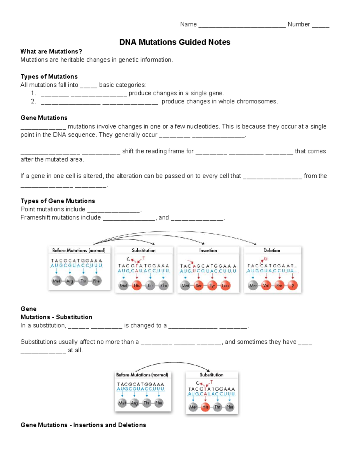 Biology Guided Notes: DNA Mutations Overview and Types - Studocu