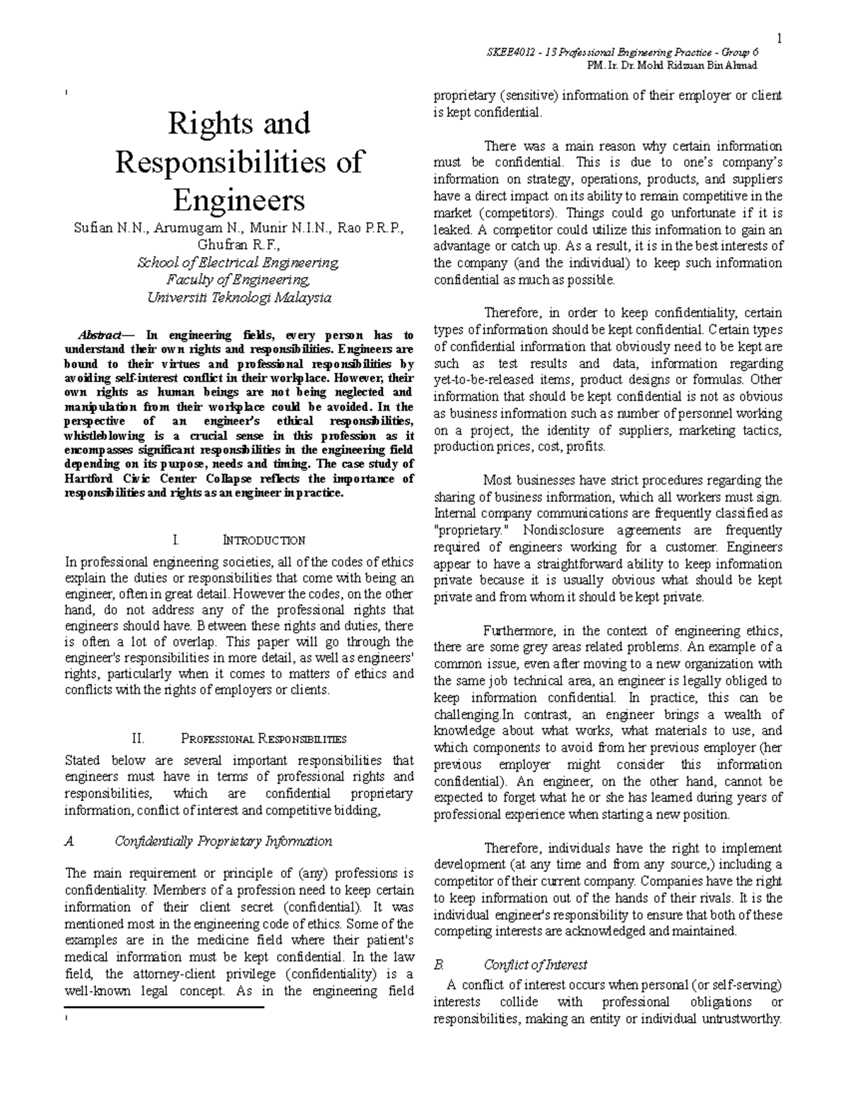 Assignment 1 - Chapter 6 Rights and Responsibilities of an Engineer ...