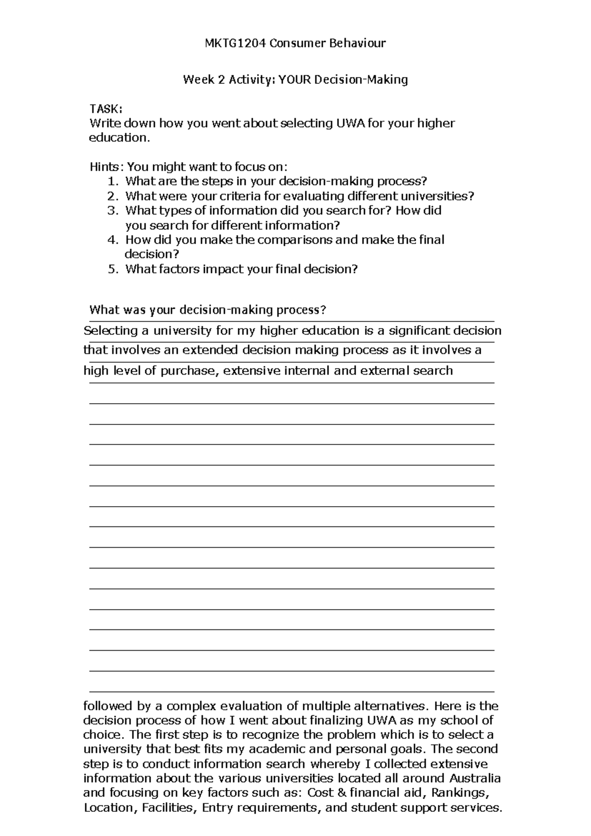 MKTG1204 Week 2 Activity: Decision-Making Process for UWA Selection ...