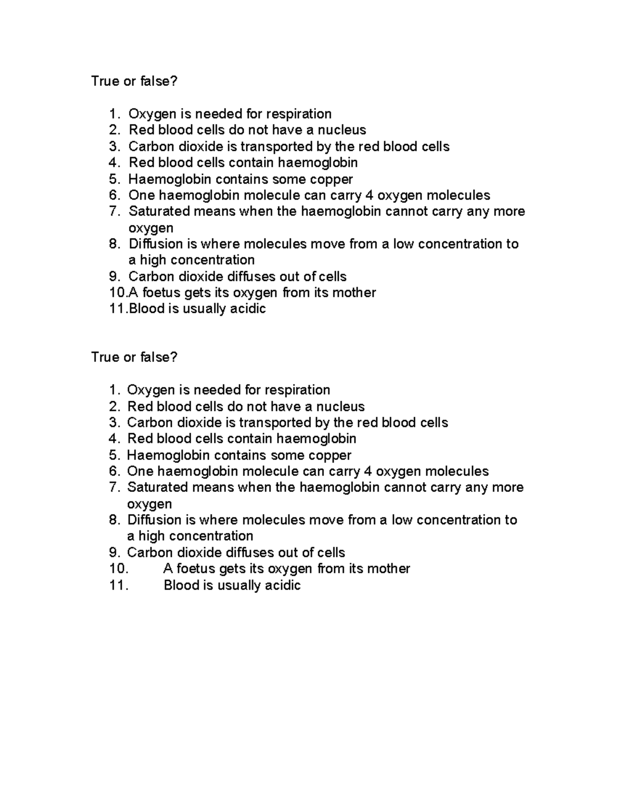 Respiration True/False Quiz: Key Concepts in Biology - Studocu