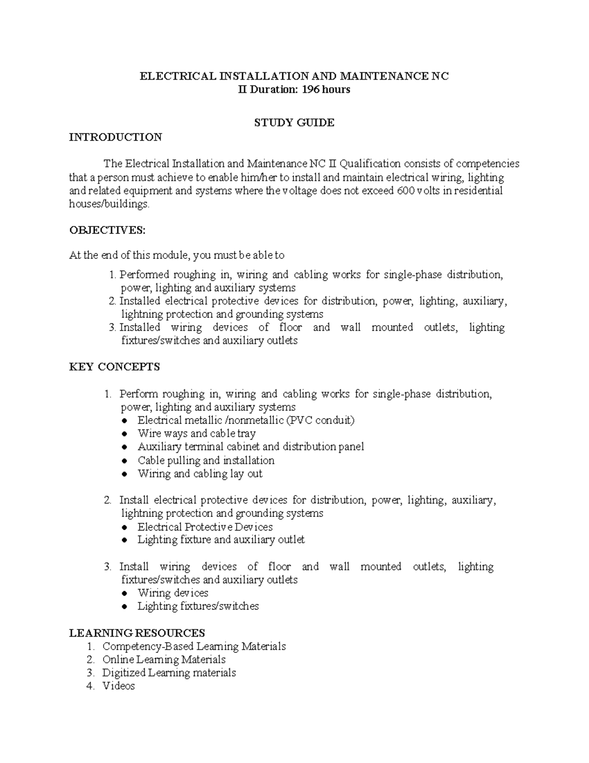 EIM NC II Electrical Installation & Maintenance Training Guide - Studocu