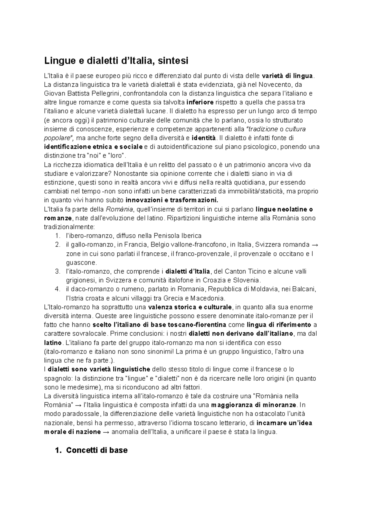 Lingue e Dialetti d'Italia: Sintesi Capitoli 1 e 2 - Studocu