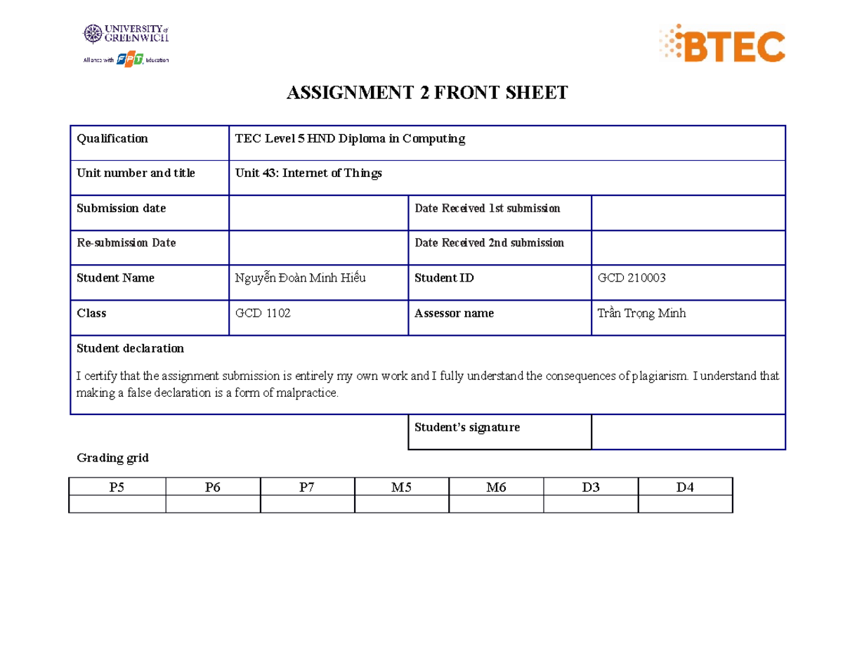 Assignment 2- Internet of things - ASSIGNMENT 2 FRONT SHEET Qualification TEC Level 5 HND ...