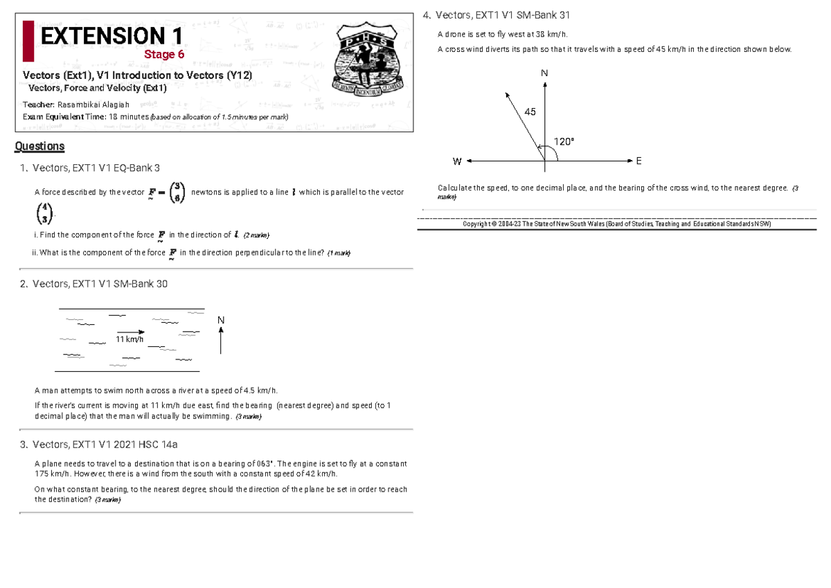 EXT1 V1 Vectors Practice Questions & Worked Solutions (Paper 1) - Studocu