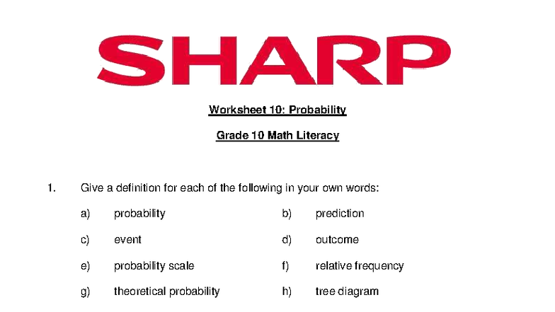 Worksheet 10: Probability Concepts for Grade 10 Math Literacy - Studocu