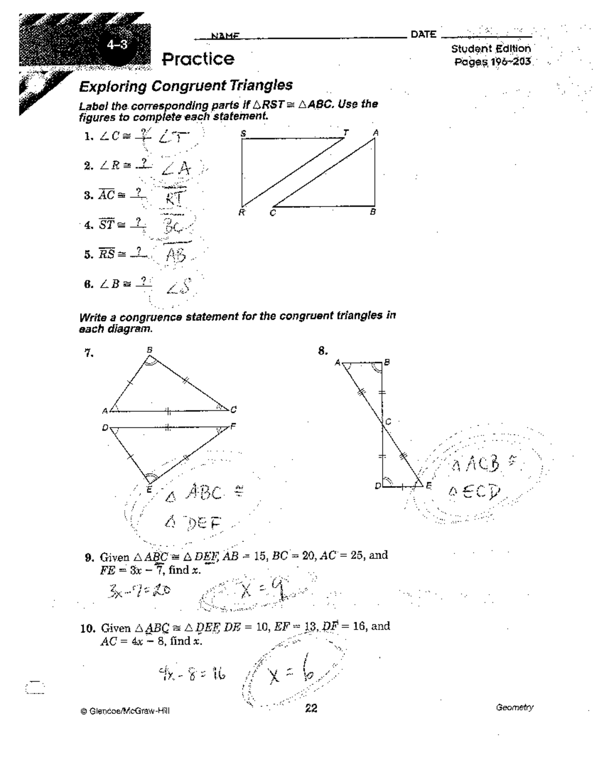 Congruent Triangles Practice - Geometry - Student Edition - Studocu