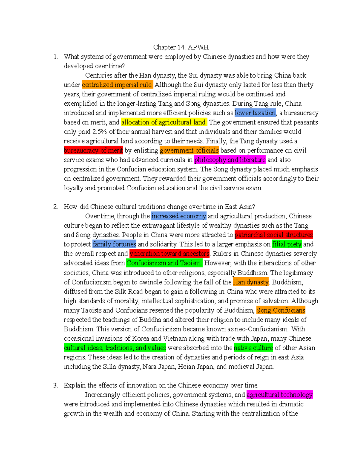 APWH - Ch. 14 Focus Questions on Chinese Dynasties and Innovations ...