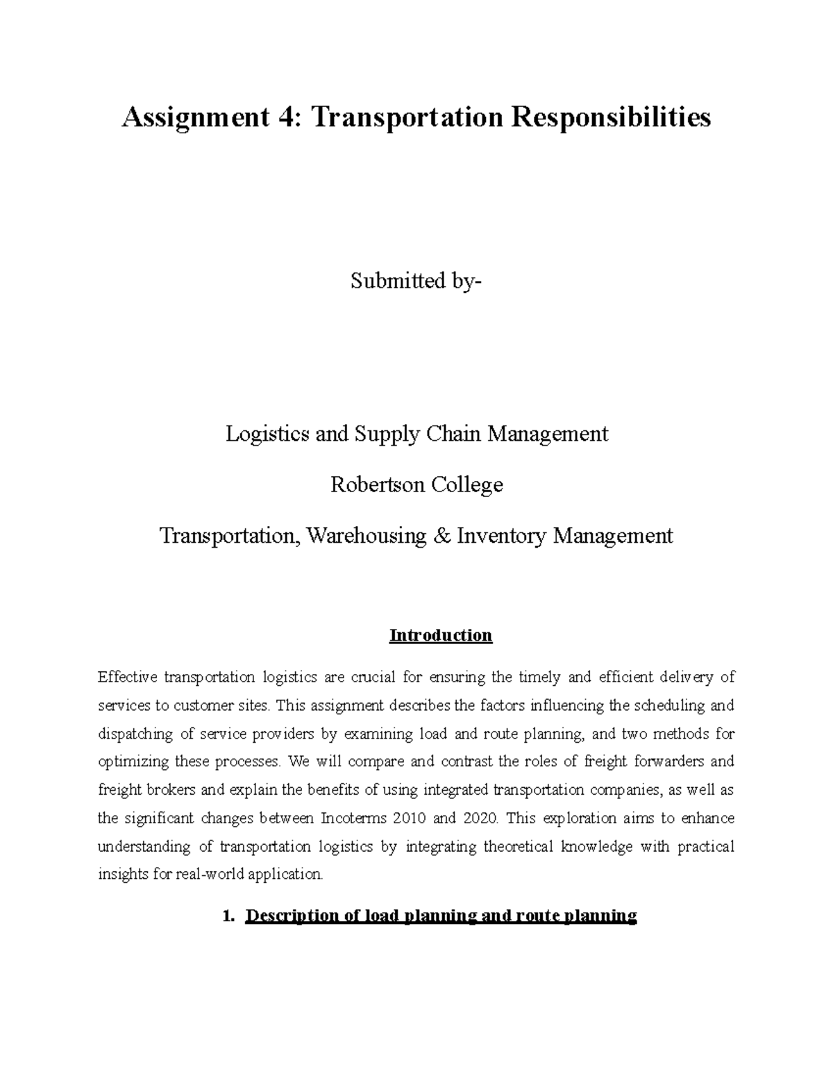 Assignment 4: Transportation Responsibilities in Logistics & SCM - Studocu