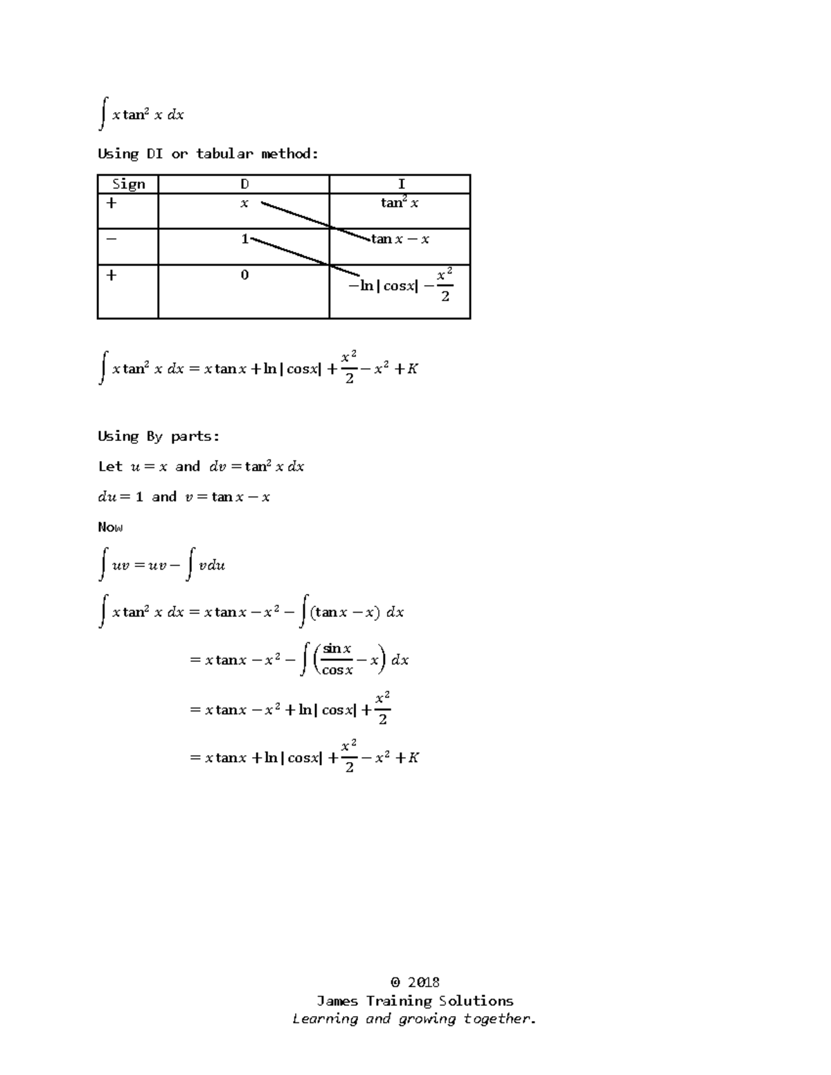 Integration Example - Techniques Using Di, Tabular & By Parts - Studocu