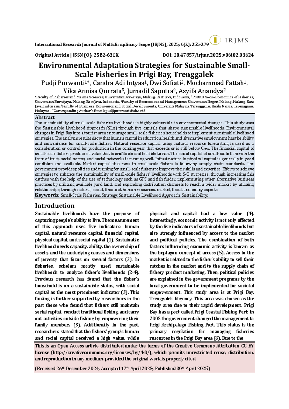 Environmental Adaptation Strategies for Sustainable Fisheries in Prigi ...
