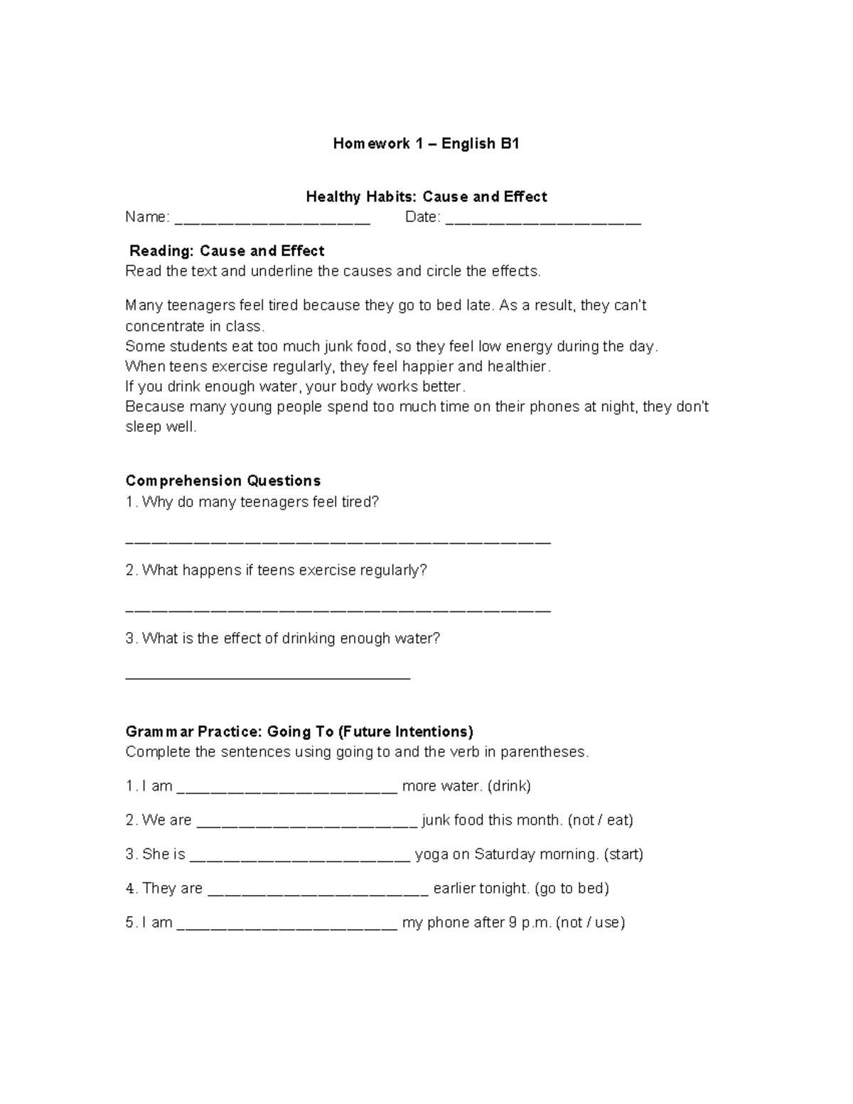 Healthy Habits Worksheet B1: Cause and Effect Analysis - Studocu