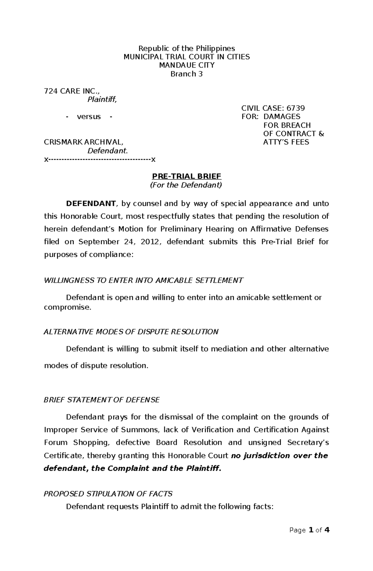 Pre-Trial Brief for Defendant in Civil Case No. 6739 - Format - Studocu