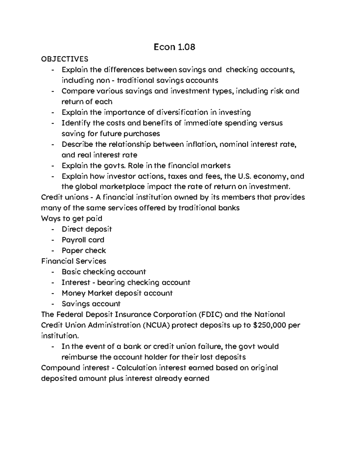 Economics 1.08 Assignment - Econ 1. OBJECTIVES Explain the di erences ...