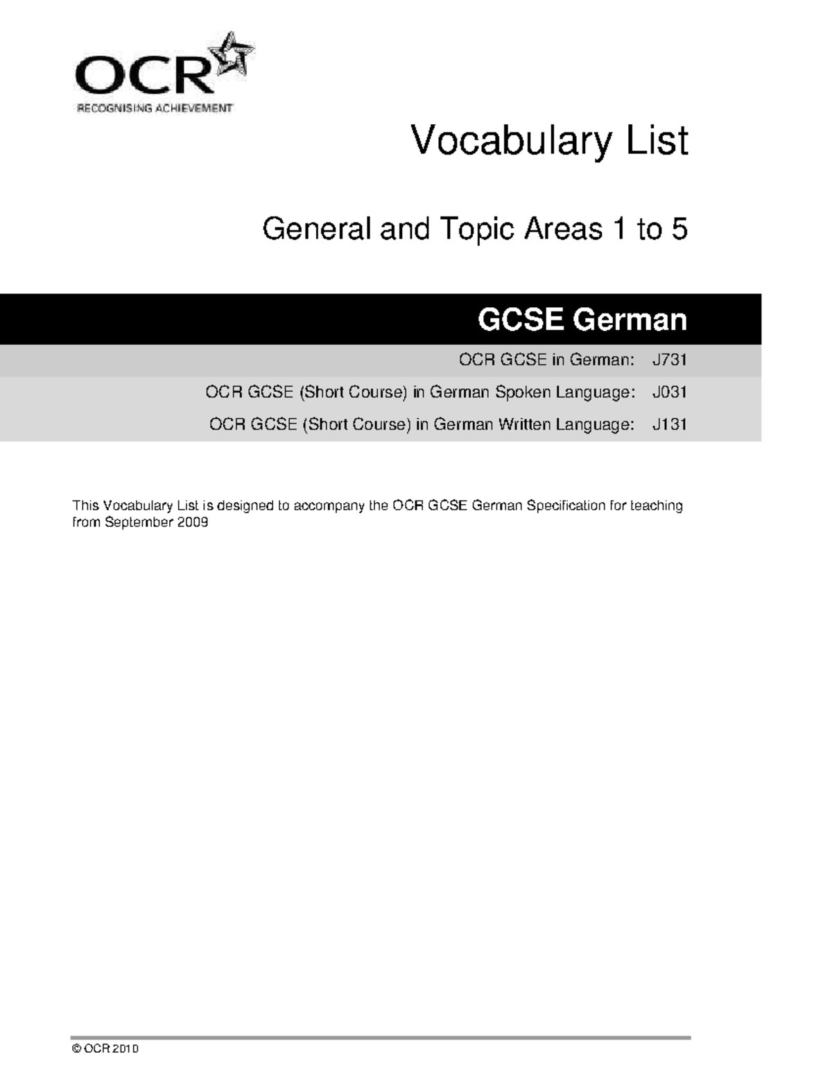 GCSE German Vocabulary List: Topics 1-5 Overview (J731, J031, J131 ...